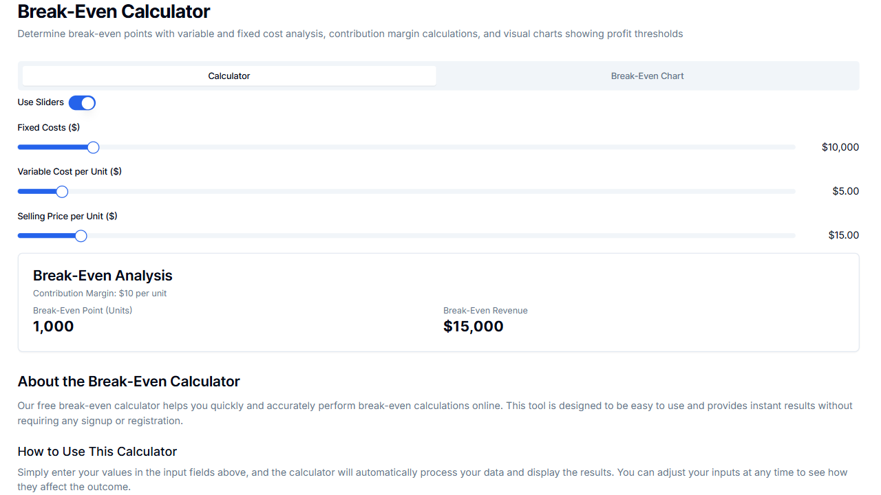 Free Break-Even Calculator | Easy Online Business Tool | Free Calculators
