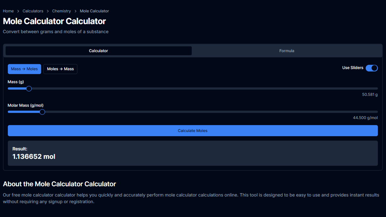 Free Mole Calculator | Easy Online Chemistry Tool | Free Calculators