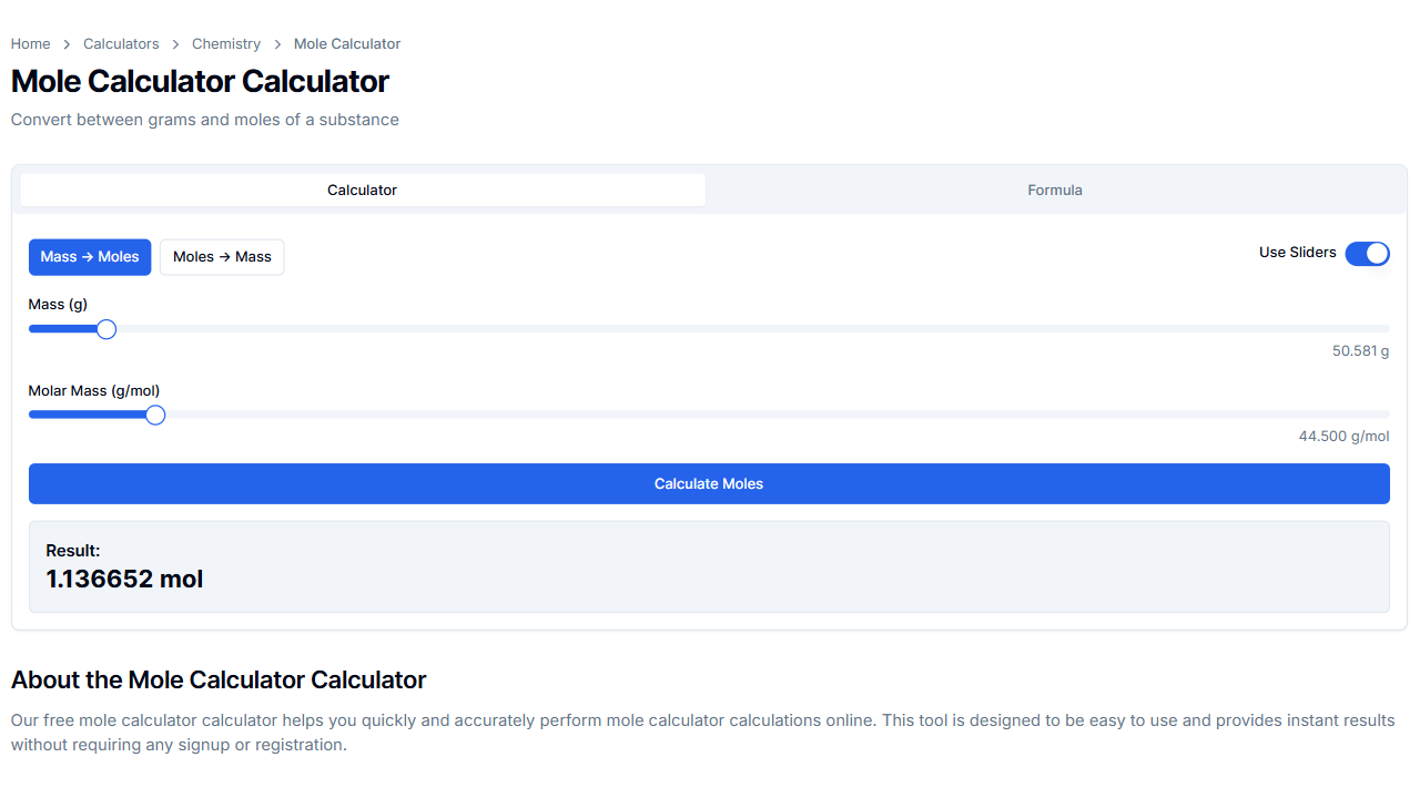 Free Mole Calculator | Easy Online Chemistry Tool | Free Calculators