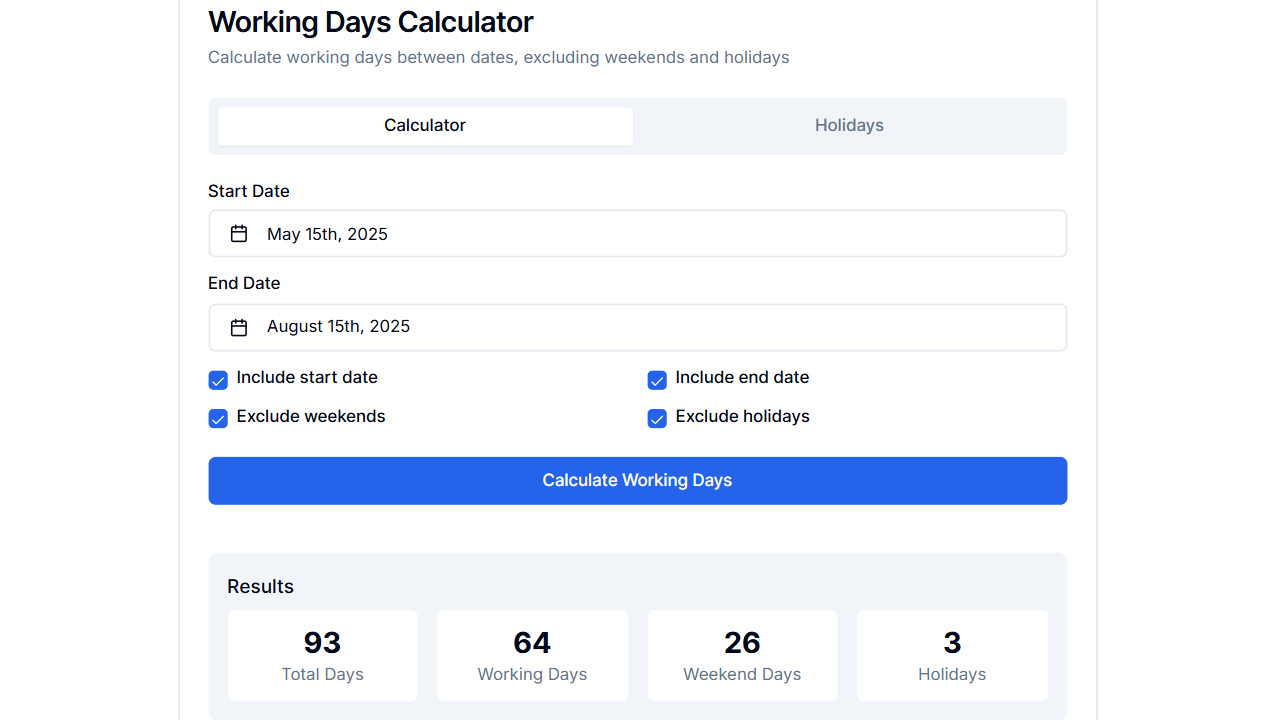 Free Working Days Calculator | Easy Online Date Tool | Free Calculators