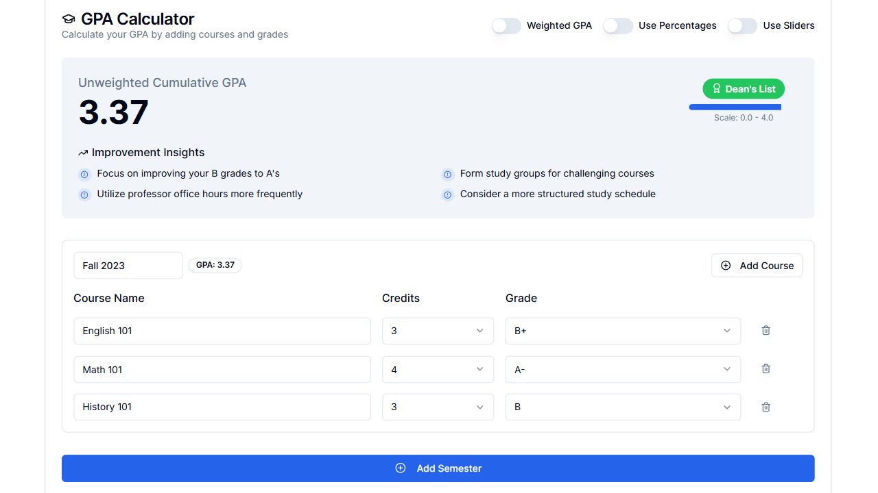 Free GPA Calculator | Easy Online Education Tool | Free Calculators