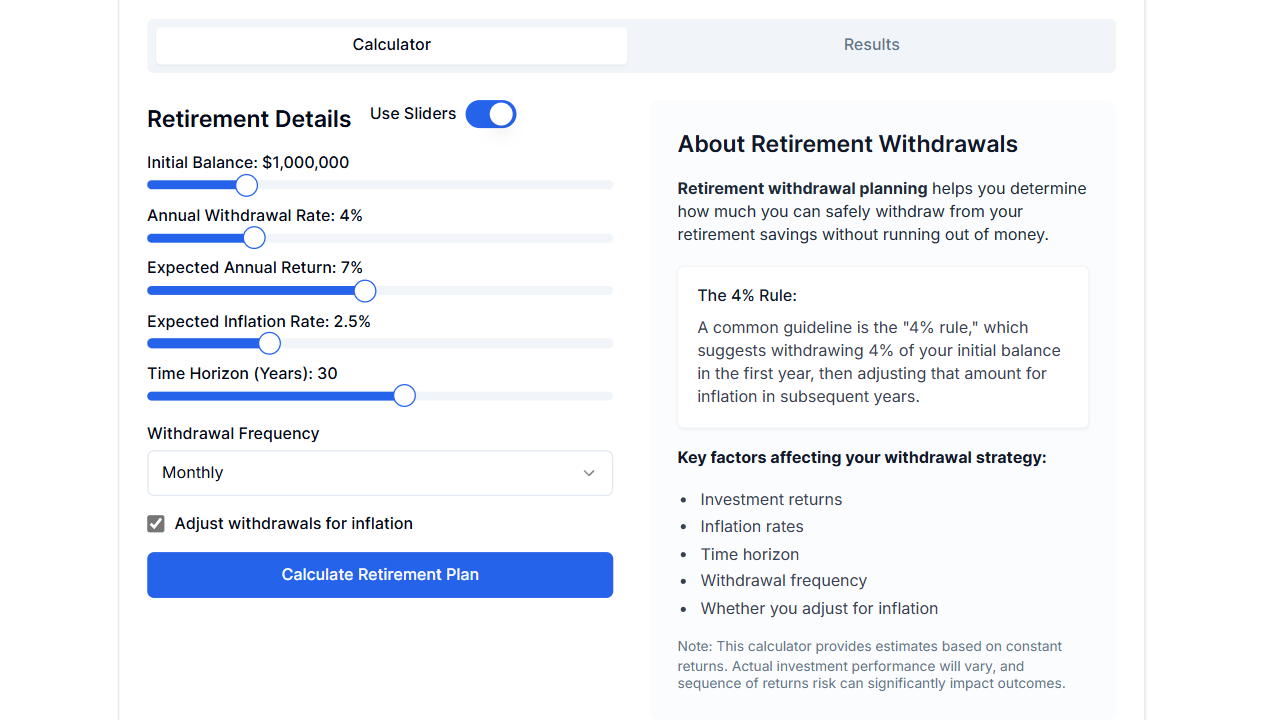 Free Retirement Withdrawal Calculator | Easy Online Finance Tool | Free ...