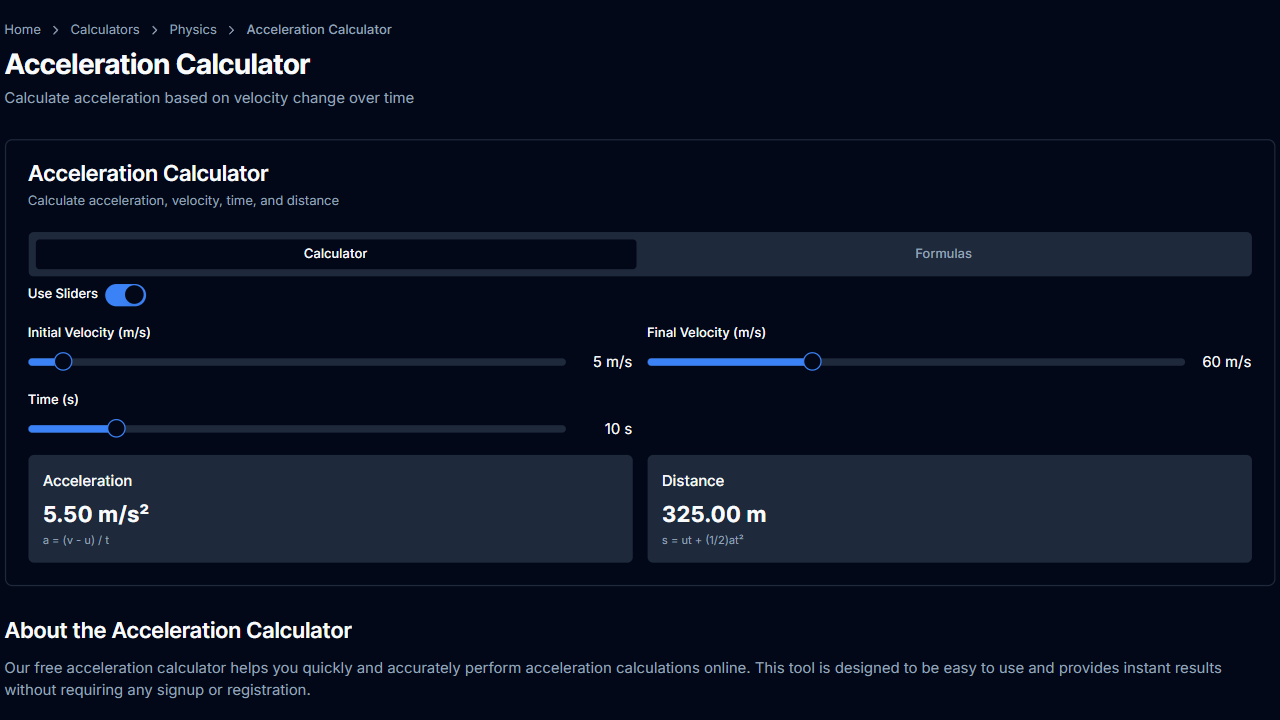 Free Acceleration Calculator | Easy Online Physics Tool | Free Calculators
