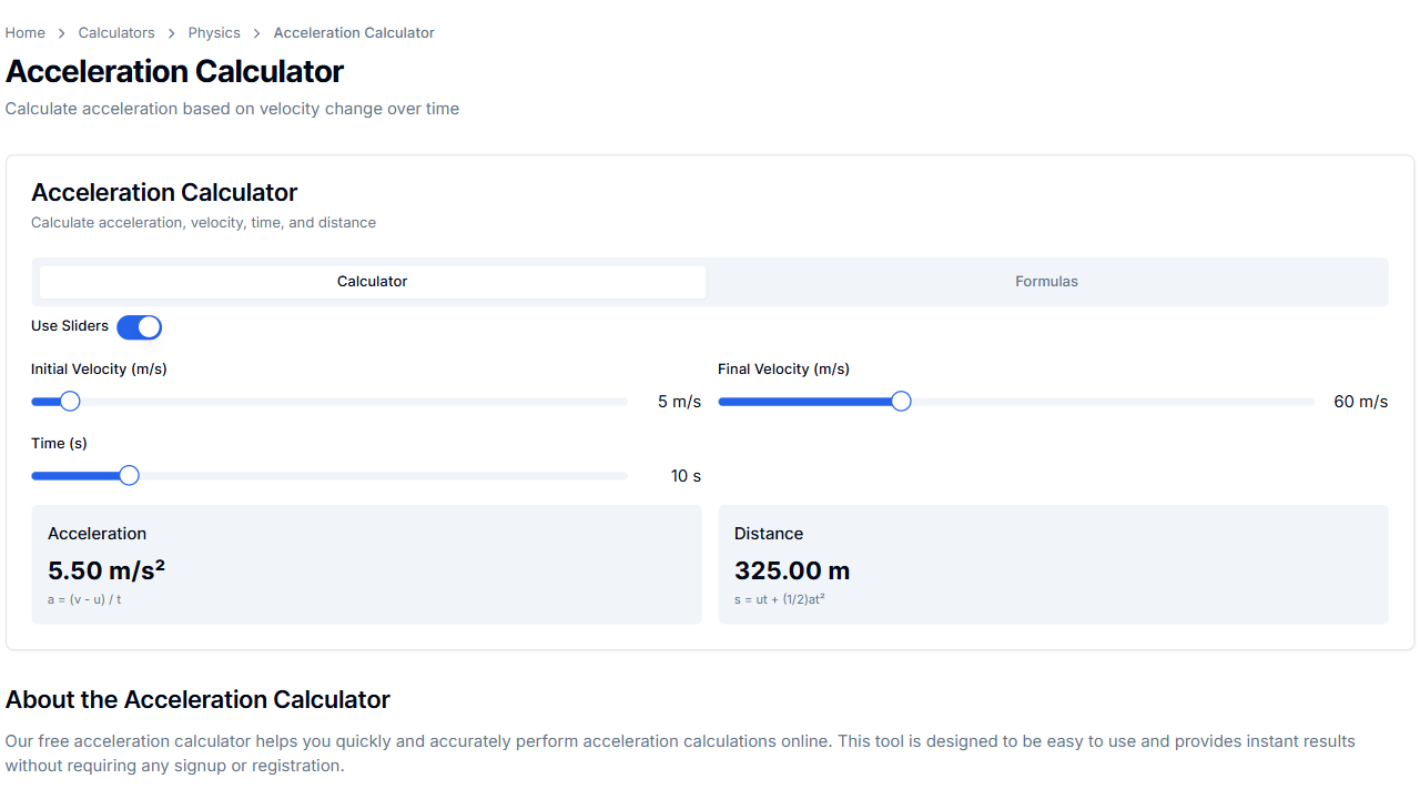 Free Acceleration Calculator | Easy Online Physics Tool | Free Calculators