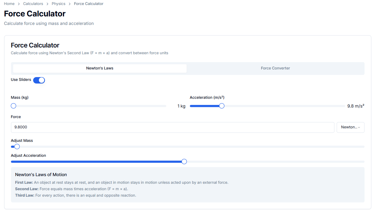 Free Force Calculator | Easy Online Physics Tool | Free Calculators