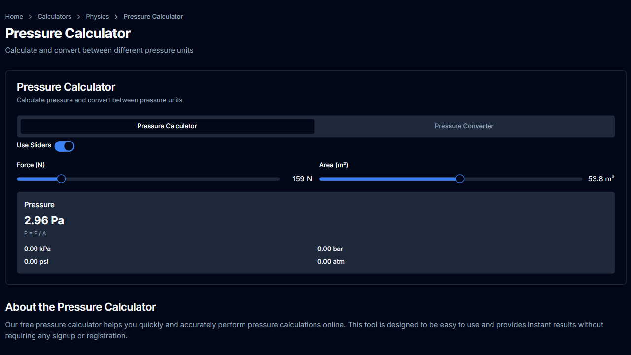 Free Pressure Calculator | Easy Online Physics Tool | Free Calculators