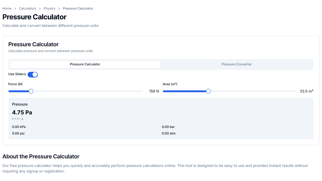 Free Pressure Calculator | Easy Online Physics Tool | Free Calculators