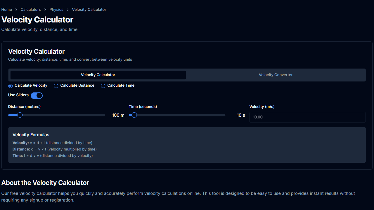 Free Velocity Calculator | Easy Online Physics Tool | Free Calculators