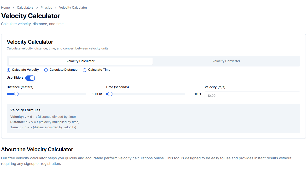 Free Velocity Calculator | Easy Online Physics Tool | Free Calculators