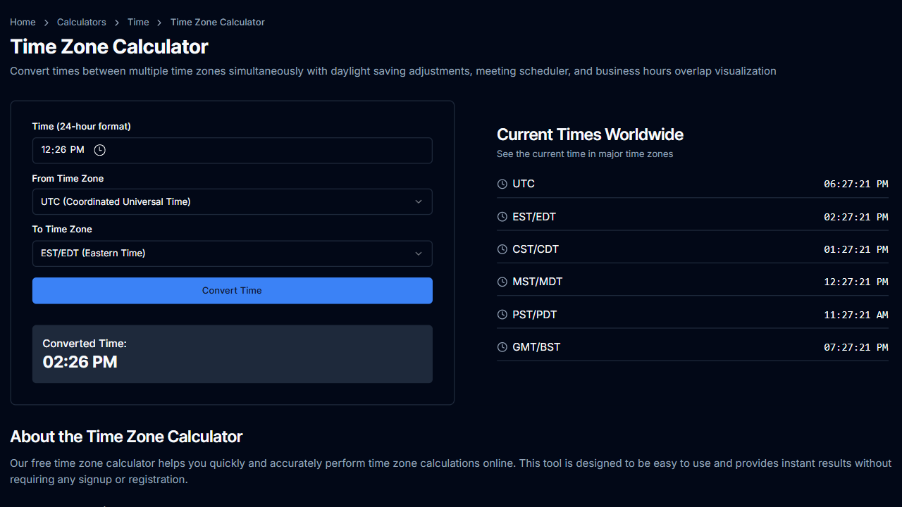Free Time Zone Calculator | Easy Online Time Tool | Free Calculators