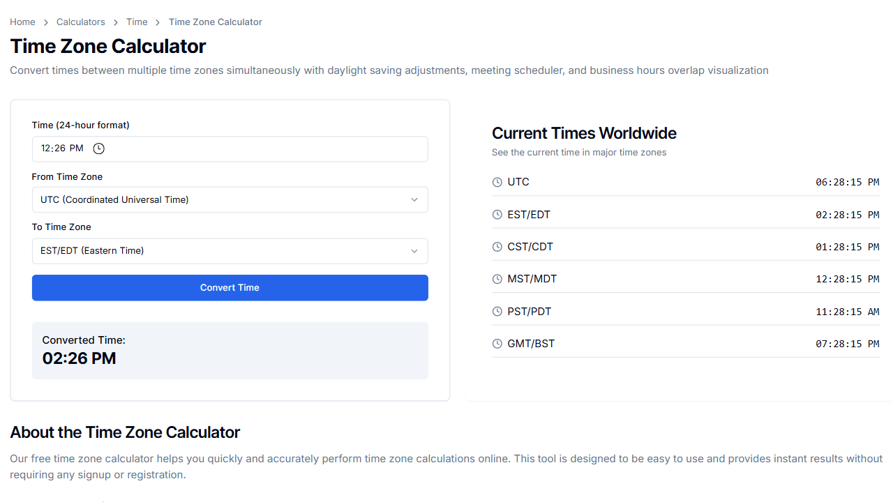 Free Time Zone Calculator | Easy Online Time Tool | Free Calculators